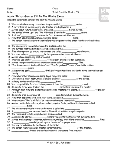 Movie Things-Genres Fill In The Blanks Exam | Teaching Resources