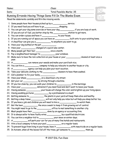 Running Errands-Having Things Done Fill In The Blanks Exam | Teaching ...