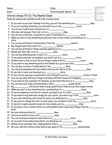 Stores-Shops Fill In The Blanks Exam | Teaching Resources