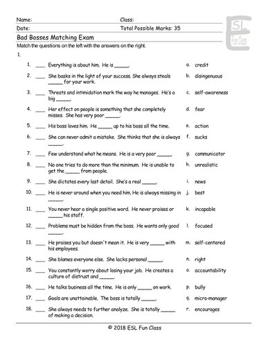 Bad Bosses Matching Exam | Teaching Resources