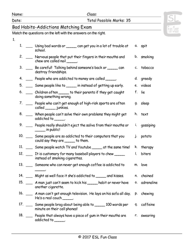 Bad Habits-Addictions Matching Exam | Teaching Resources