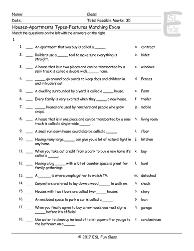 Houses-Apartments Types-Features Matching Exam | Teaching Resources