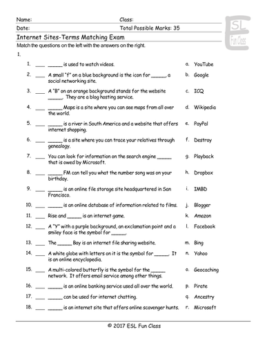 Internet Sites-Terms-Activities Matching Exam | Teaching Resources