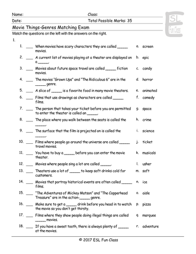 Movie Things-Genres Matching Exam | Teaching Resources