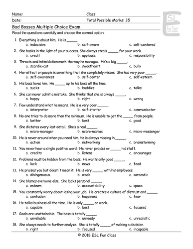 Bad Bosses Multiple Choice Exam | Teaching Resources