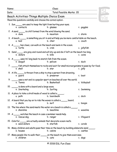 Beach Activities-Things Multiple Choice Exam | Teaching Resources