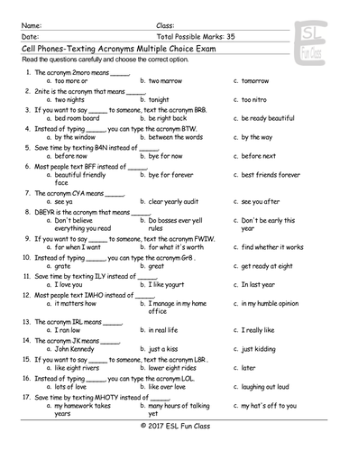 Cell Phones-Texting Acronyms Multiple Choice Exam | Teaching Resources