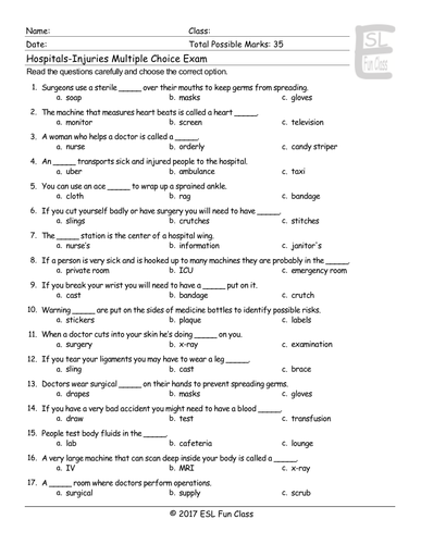 Hospitals-Injuries Multiple Choice Exam | Teaching Resources