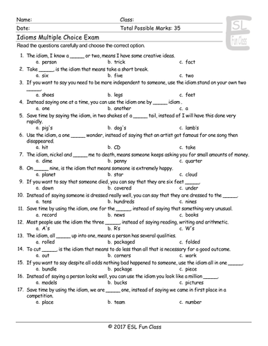 Idioms Multiple Choice Exam | Teaching Resources