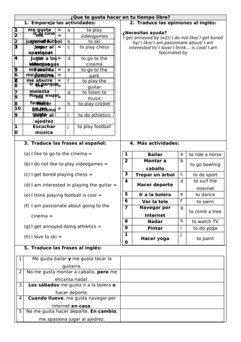 Spanish Hobbies & Weather: el tiempo libre y el tiempo language mat ...