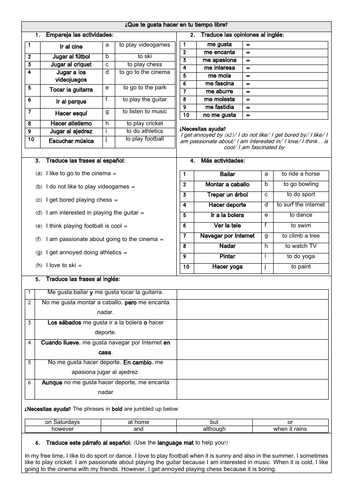 Spanish Hobbies & Weather: el tiempo libre y el tiempo language mat ...