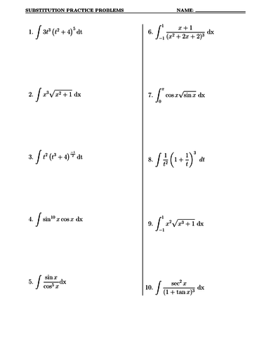 Practice Problems on Integration by Substitution | Teaching Resources Practice Problems on Integration by Substitution | Teaching Resources