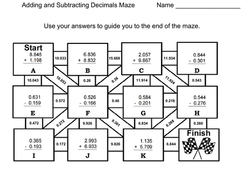 Adding and Subtracting Decimals in the Thousandths Place: Math Maze ...