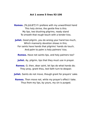 Romeo and Juliet Act 1 scene 5 language analysis | Teaching Resources