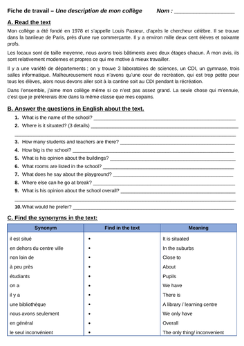 Ma vie scolaire et mes études | Teaching Resources