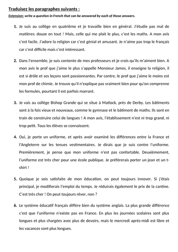 Ma vie scolaire et mes études | Teaching Resources