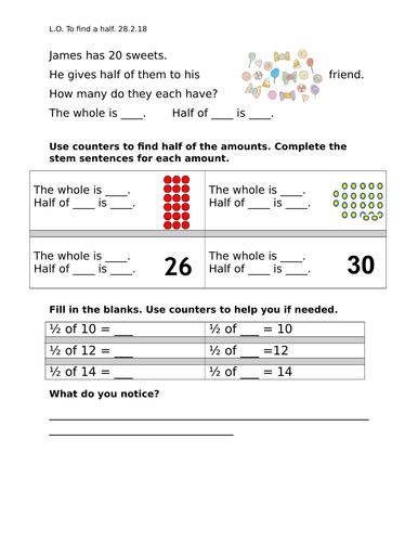 Identifying and finding a half, worksheets for 2 lessons, Year 2 ...