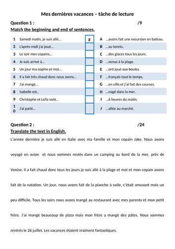 Mes dernières vacances | Teaching Resources