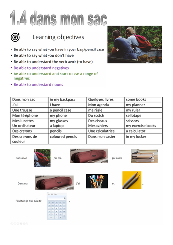 French 1.4 - dans mon sac (pdf format) | Teaching Resources