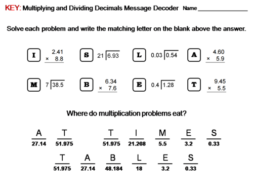 Multiplying and Dividing Decimals: Math Message Decoder | Teaching ...