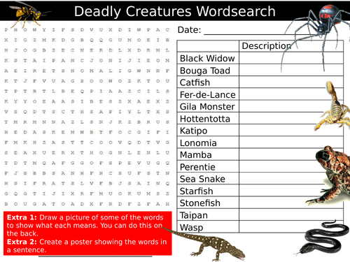 Deadly Creatures Wordsearch Puzzle Sheet Keywords Settler Starter Cover ...