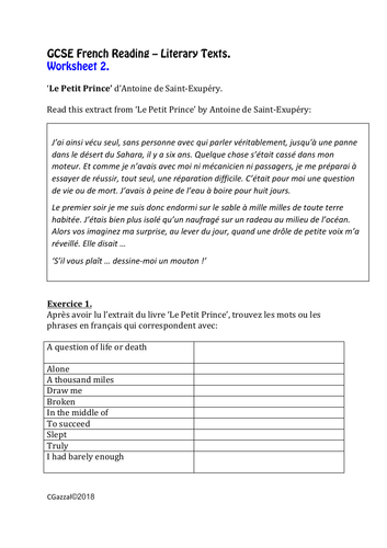 French GCSE – Higher Tier - French Literature – Reading Comprehensions ...