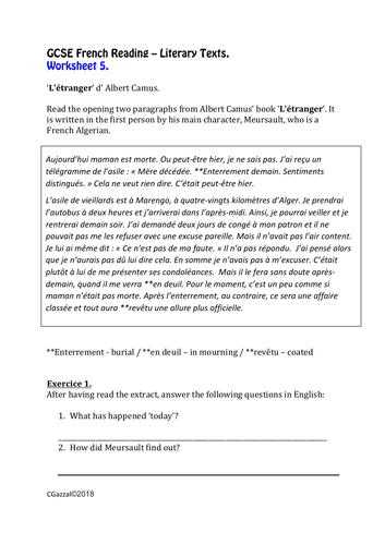 French GCSE – Higher Tier - French Literature – Reading Comprehensions ...