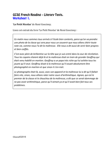 French GCSE – Higher Tier - French Literature – Reading Comprehensions ...