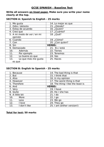 Baseline test for KS4 Spanish - vocabulary sheet and test | Teaching ...