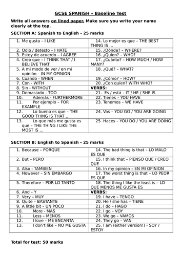 Baseline test for KS4 Spanish - vocabulary sheet and test | Teaching ...