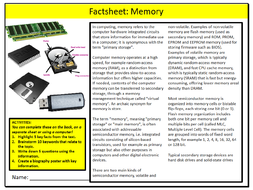 Computer Memory Factsheet Worksheet ICT Computing Starter Activity ...