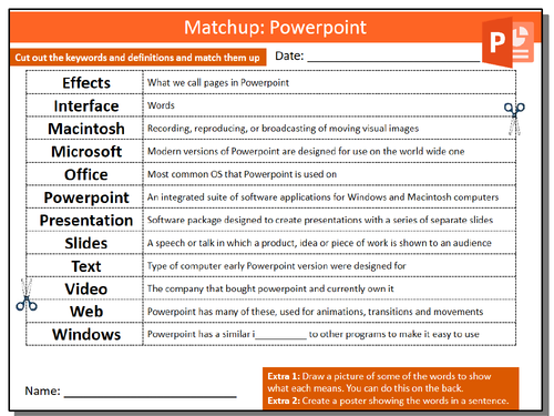 Microsoft Powerpoint Definition Matchup Sheet Ict Computing Starter Activity Keywords Ks3 Gcse