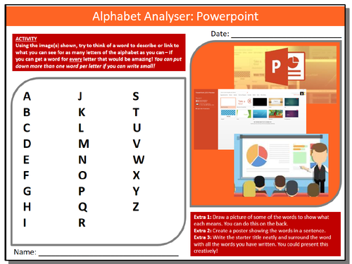 Microsoft Powerpoint Alphabet Analyser Sheet Ict Computing Starter Activity Keywords Ks3 Gcse