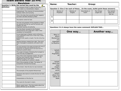 Islam Beliefs and Teachings Revision Activity | Teaching Resources