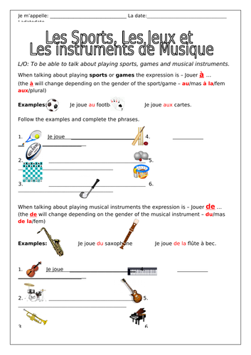 FRENCH - SPORTS, GAMES & MUSICAL INSTRUMENTS - WORKSHEETS | Teaching ...