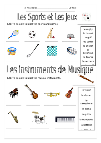 FRENCH - SPORTS, GAMES & MUSICAL INSTRUMENTS - WORKSHEETS | Teaching ...