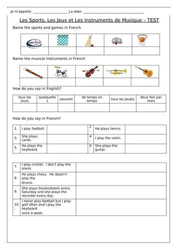 FRENCH - SPORTS, GAMES & MUSICAL INSTRUMENTS - WORKSHEETS | Teaching ...