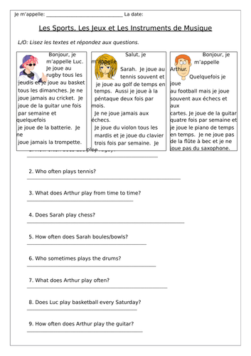 FRENCH - SPORTS, GAMES & MUSICAL INSTRUMENTS - WORKSHEETS | Teaching ...
