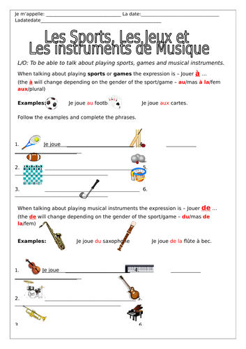 FRENCH - SPORTS, GAMES & MUSICAL INSTRUMENTS - WORKSHEETS | Teaching ...