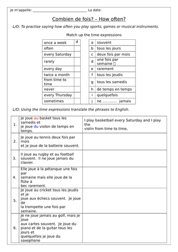 FRENCH - SPORTS, GAMES & MUSICAL INSTRUMENTS - WORKSHEETS | Teaching ...