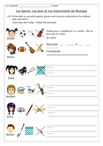 FRENCH - SPORTS, GAMES & MUSICAL INSTRUMENTS - WORKSHEETS | Teaching ...