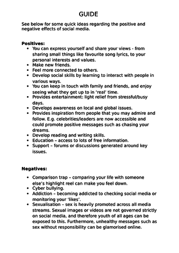 Social Media & Self Esteem | Teaching Resources