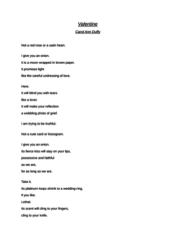 Valentine - Carol Ann Duffy | Teaching Resources