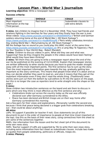 First World War literacy Year 6/7 newspaper journalism lesson for WWI ...
