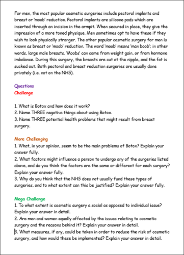 Aesthetic , Cosmetic + Plastic Surgery PSHE | Teaching Resources