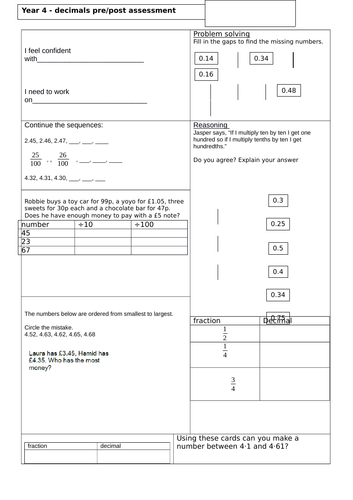 pre/post assessment Decimals Year 4 | Teaching Resources
