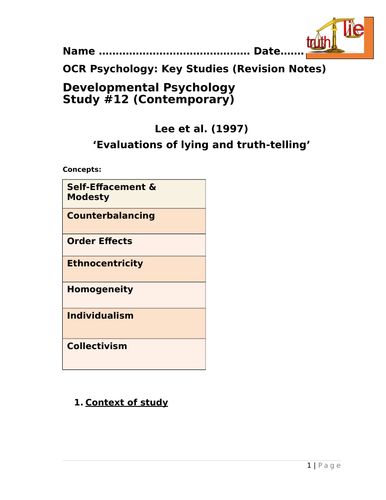 OCR A-Level Psychology: Core Study #12 Moral Development, Lee et al ...