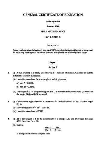 Revision: Two Old Maths Papers (UK) - 1957 and 1966 | Teaching Resources