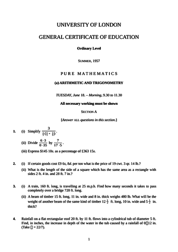 Revision: Two Old Maths Papers (UK) - 1957 and 1966 | Teaching Resources