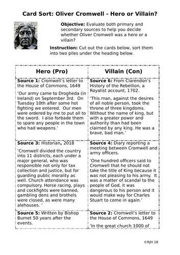 Source Analysis: Oliver Cromwell - Hero or Villain? | Teaching Resources
